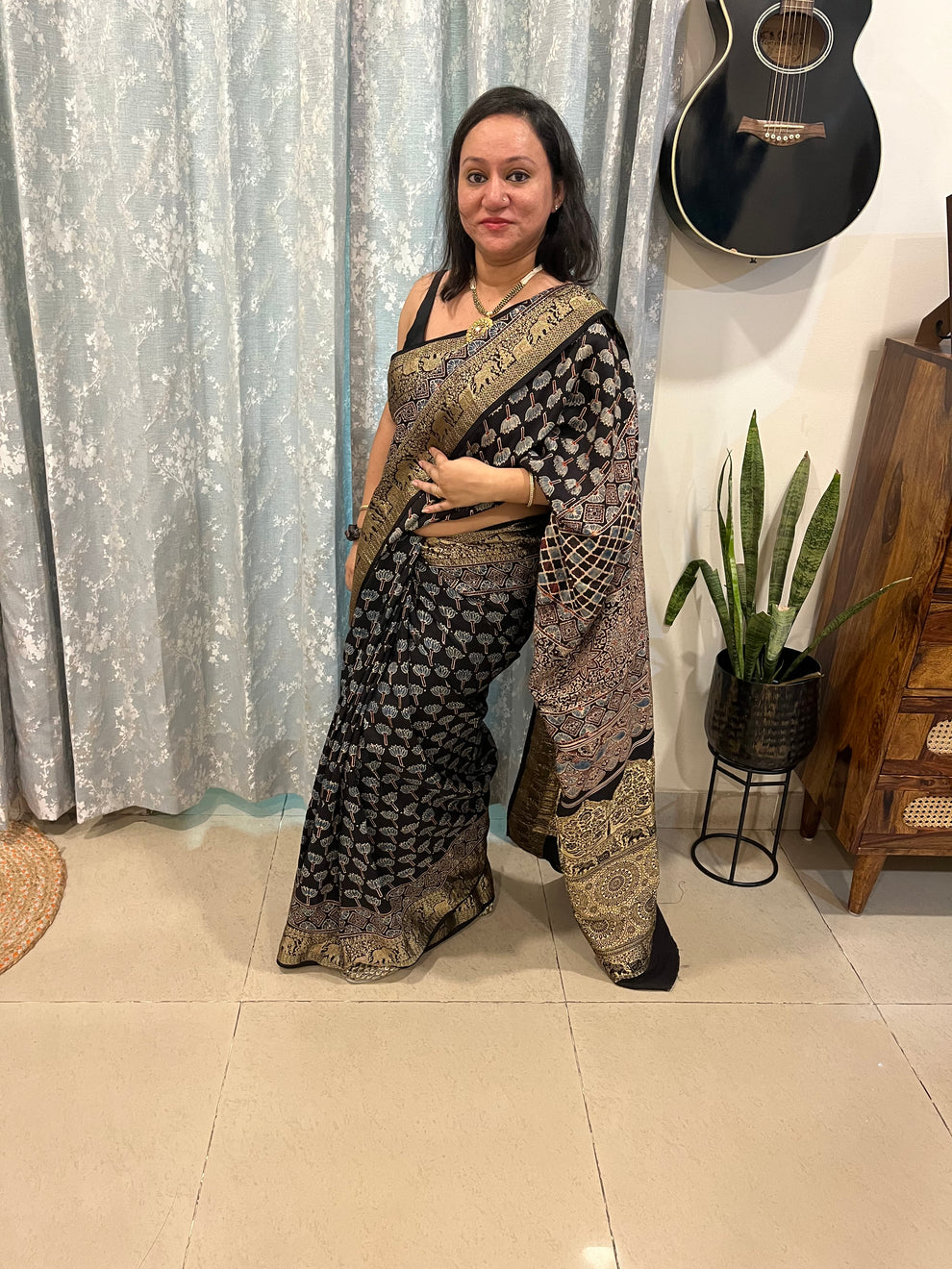 Ajrakh Dola Silk Saree - Black Lotus Print – Saanjh TWW